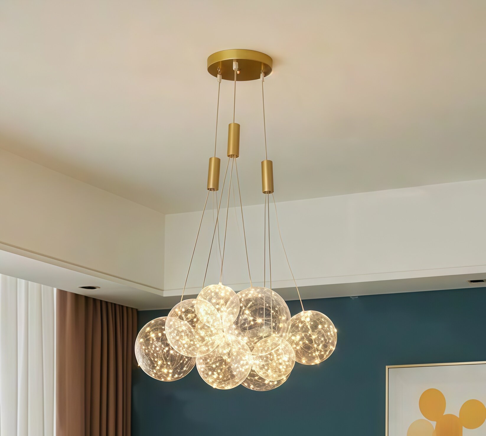 Подвесная люстра Artpad, стеклянные шары, золото, LED, 9 рожков, 3000K тёплый свет, для гостиной