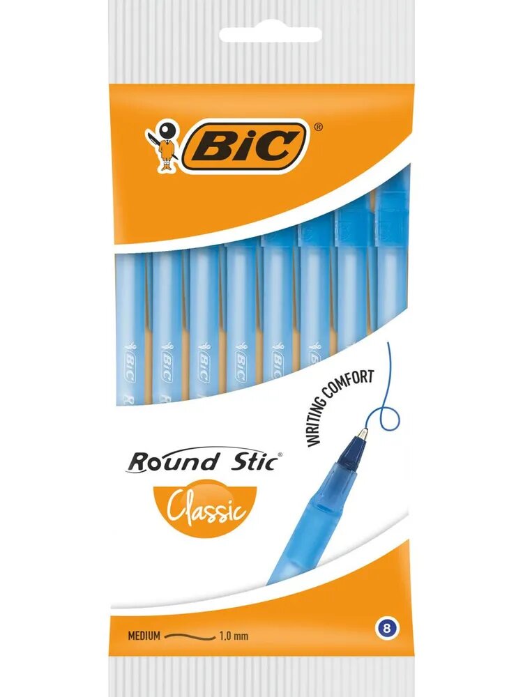 Шариковая синяя ручка BIC классическая круглый корпус, среднее письмо, набор 8 шт.