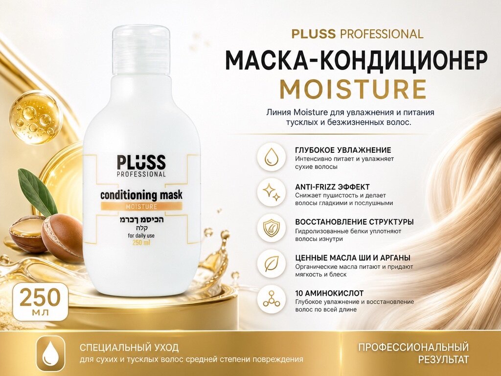 Маска PLUSS Professional MOISTURE, для увлажнения волос, с ANTI-FRIZZ, 250мл