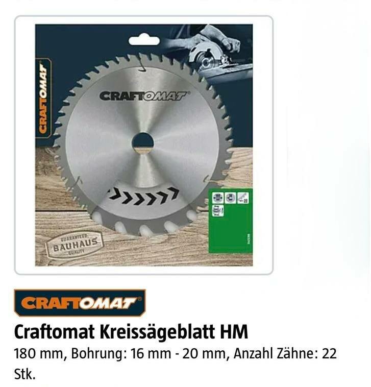 Пильный диск Craftomat HM диаметром 180 мм для циркулярных пил, с 22 зубьями, 16–20 мм