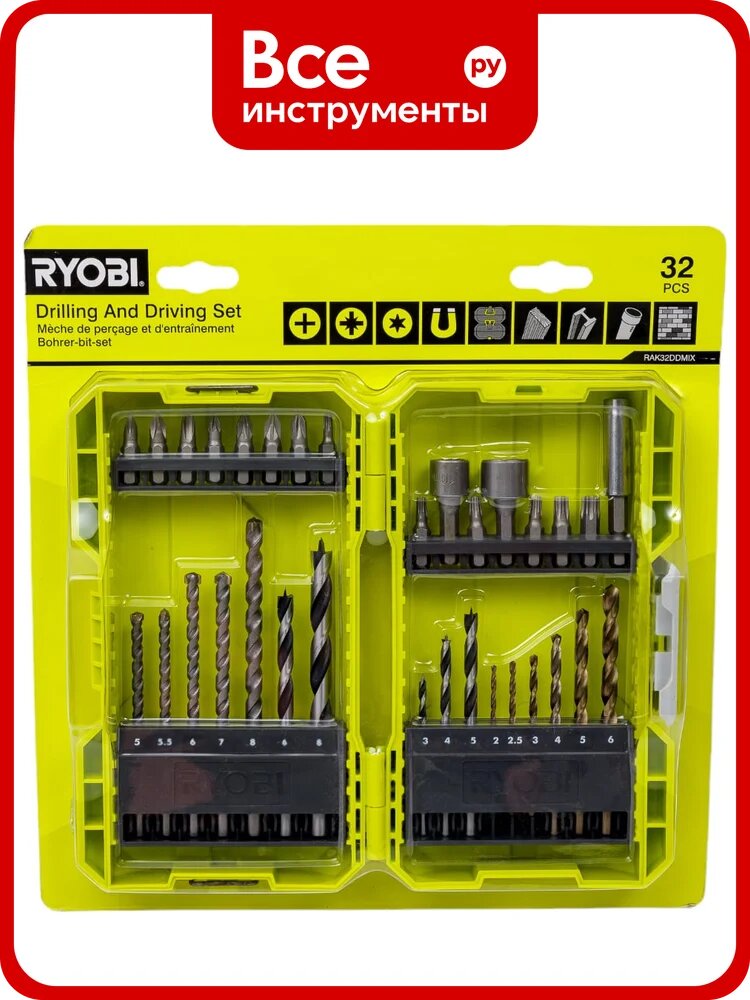 Набор бит и сверл RAK32DDMIX 32 шт Ryobi 5132004425, металл, для дрелей-шуруповертов