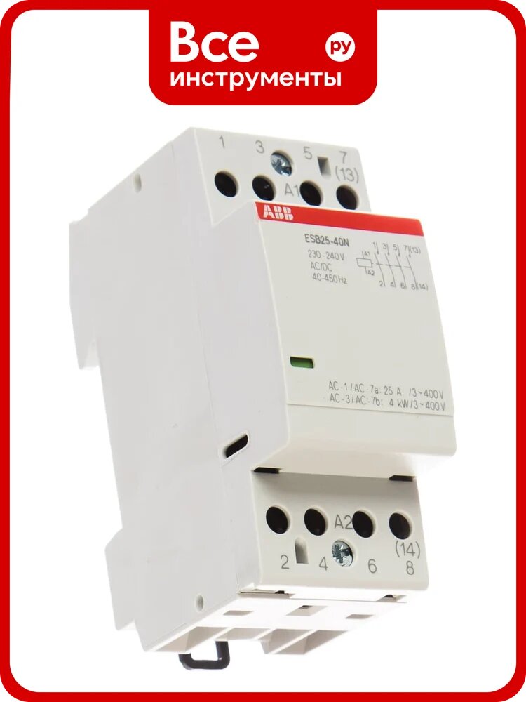 Контактор ABB ESB25-40N-06 модульный 25А АС-1, 4НО, катушка 230В AC/DC 1SAE231111R0640 DIN‑рейка, необратный контакт