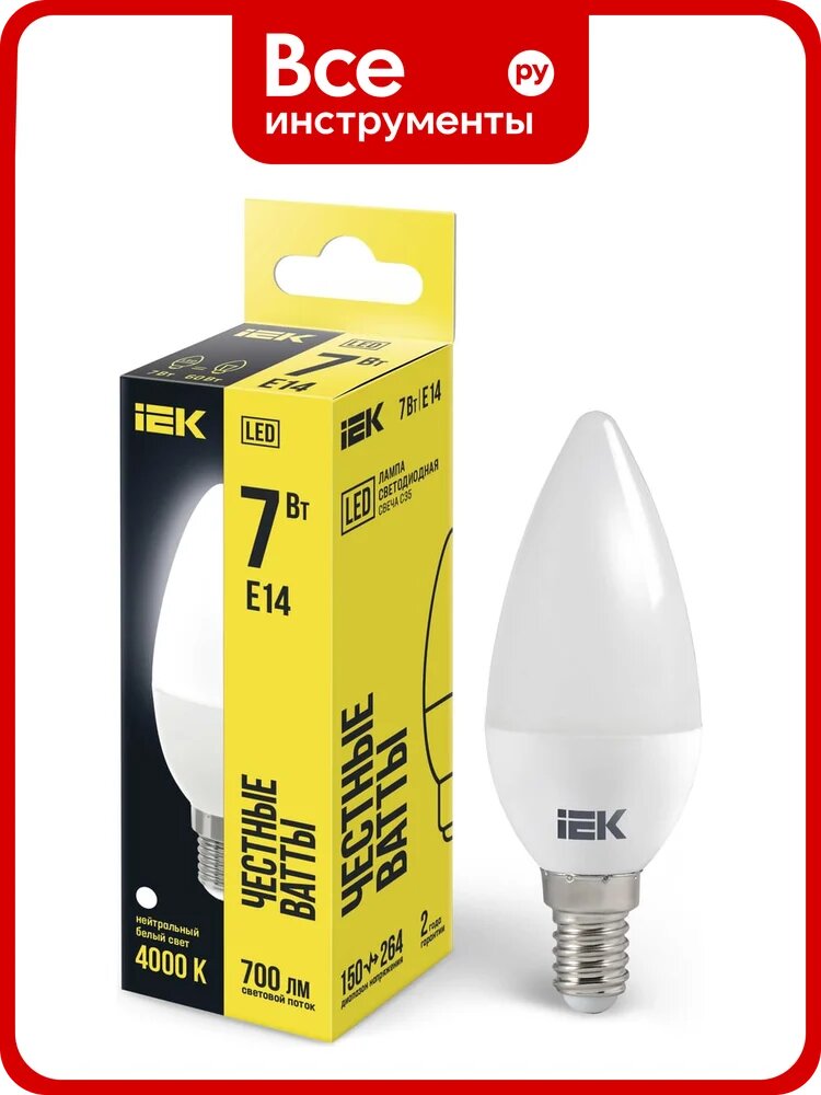 Светодиодная лампа IEK ECO C35 свеча 7Вт 230В 4000К E14 LLE-C35-7-230-40-E14, 7 Вт, для использования в осветительных