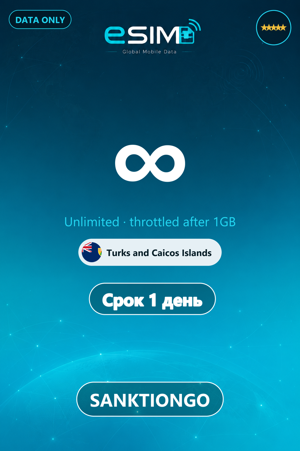 ESIM Тёркс и Кайкос — безлимит интернета на 1 день, туристическая сим-карта для интернета в поездках