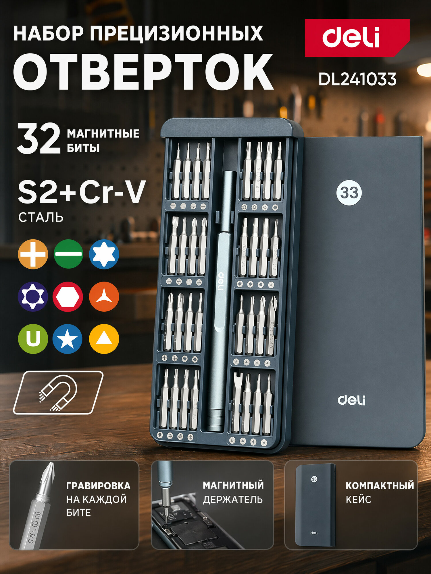 Набор прецизионных отверток Deli DL241033 (отвертка + 32 биты), сталь S2 + Cr-V