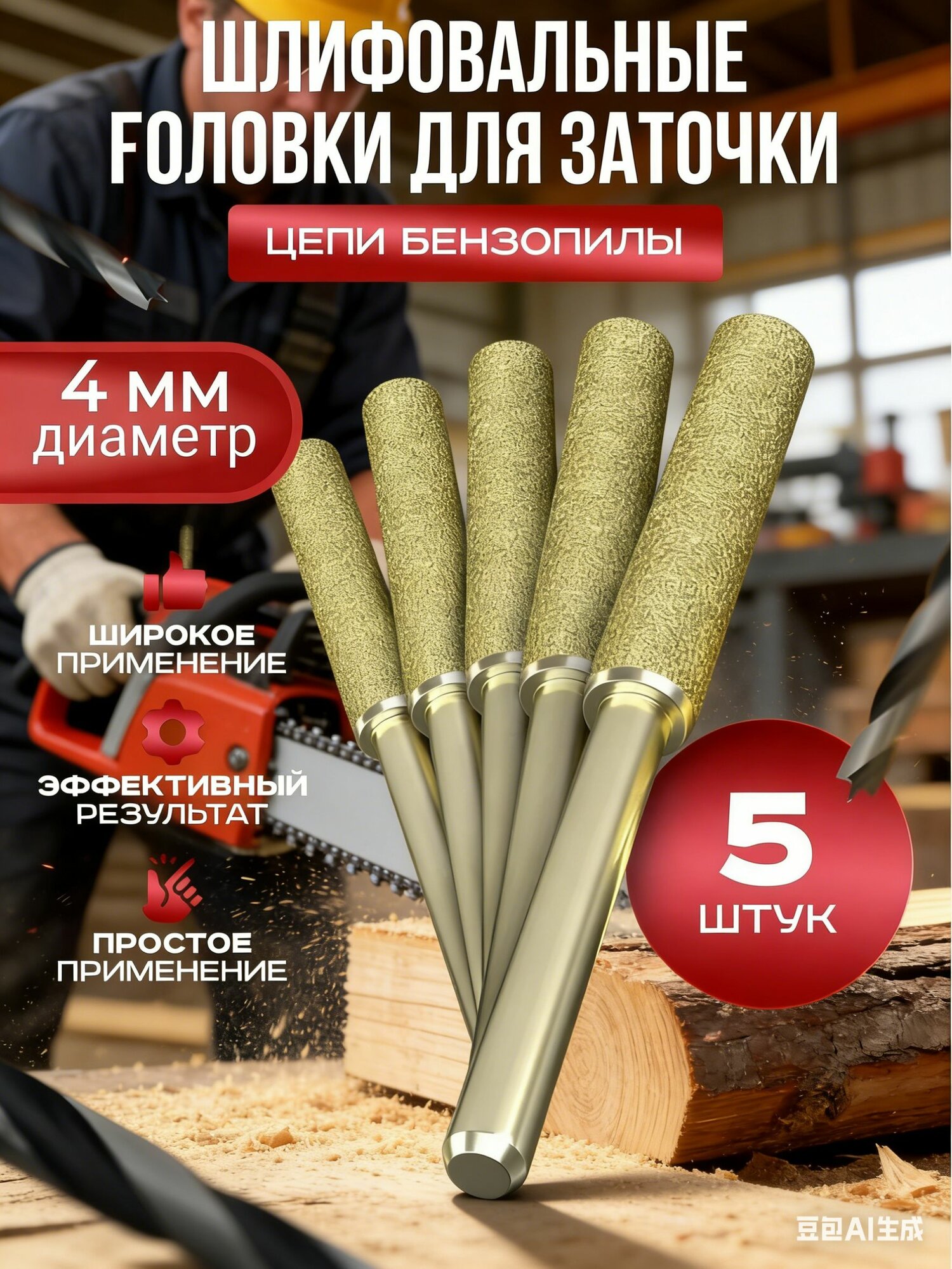 Алмазные борфрезы цилиндрические 4мм (5 шт), шарошки для гравера и дрели, обработка металла, камня и стекла