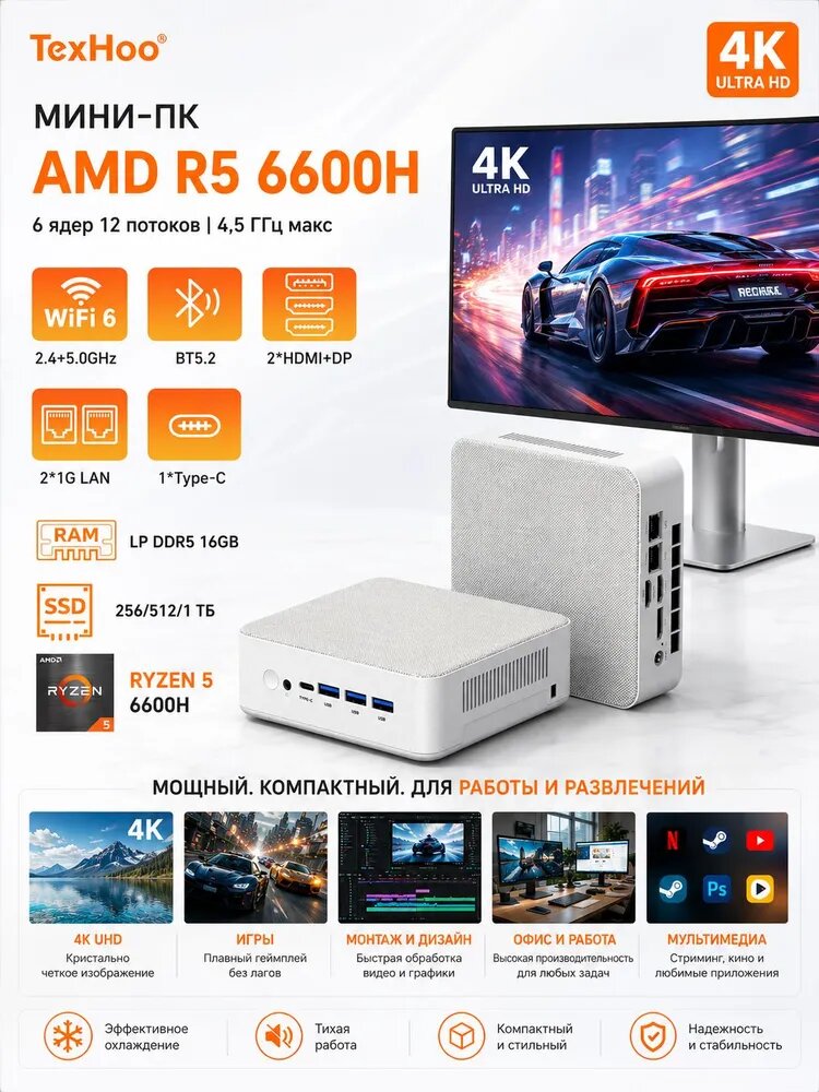 TexHoo Мини-ПК ZNRS5 (AMD Ryzen 5 6600H, RAM 16 ГБ, SSD 256 ГБ, AMD Radeon 660M, Windows 11 Pro), Игровой мини-ПК Ryzen5 6600H, белый