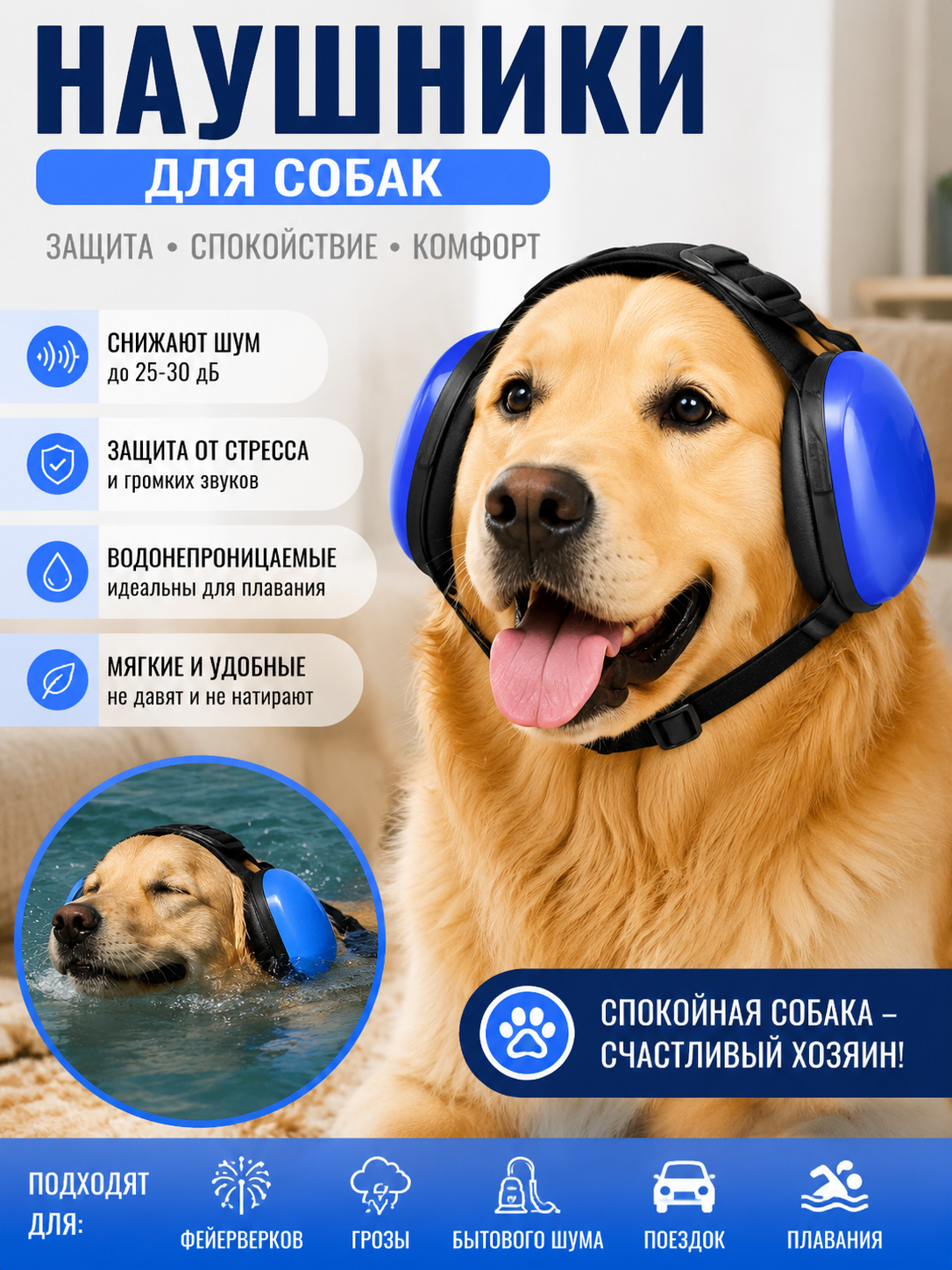 Наушники для собак derYEP, защита слуха 29 дБ, мягкие антишумные ушные чехлы для груминга и фейерверков