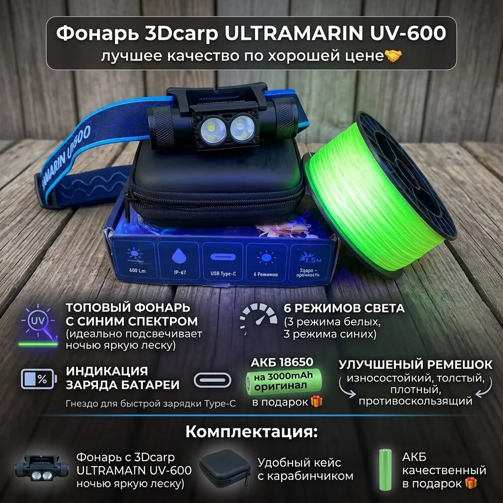 Налобный фонарь 3Dcarp ULTRAMARIN UV600 для рыбалки, с синим светом, влагозащита IP66, мощный фонарик для флюорокарбона, с аккумуляторомим спектром для рыбалки