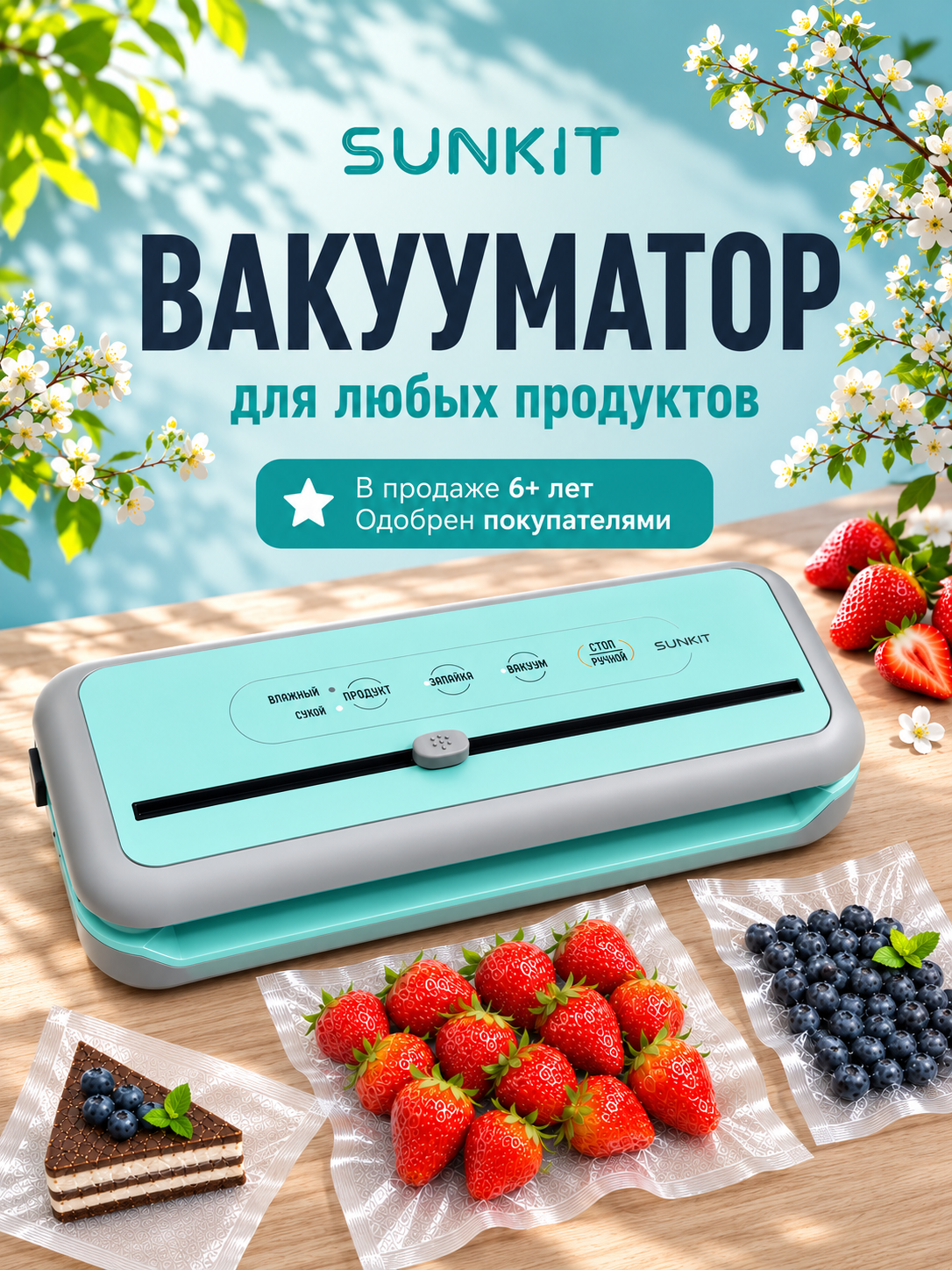 Вакууматор для продуктов с резаком и пакетами мощный. Вакуумный упаковщик для продуктов SunKit SealMe S-60 - Бирюзовый