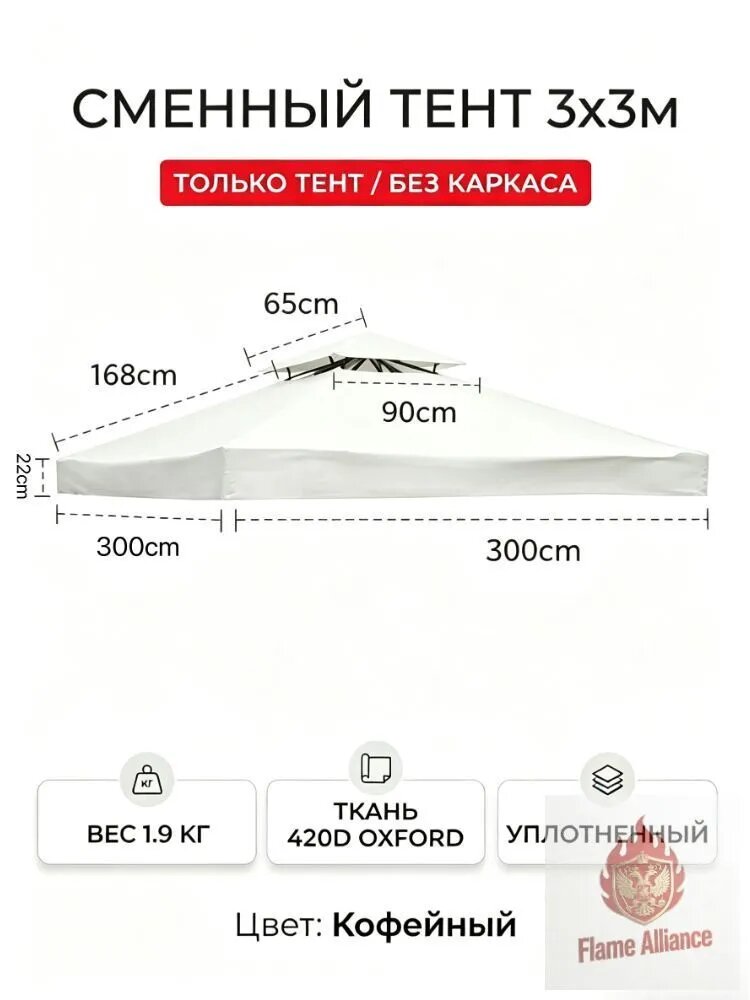 Тент верх для беседки 3х3 м, водонепроницаемый оксфорд 420D, солнцезащитный сменный навес уличный