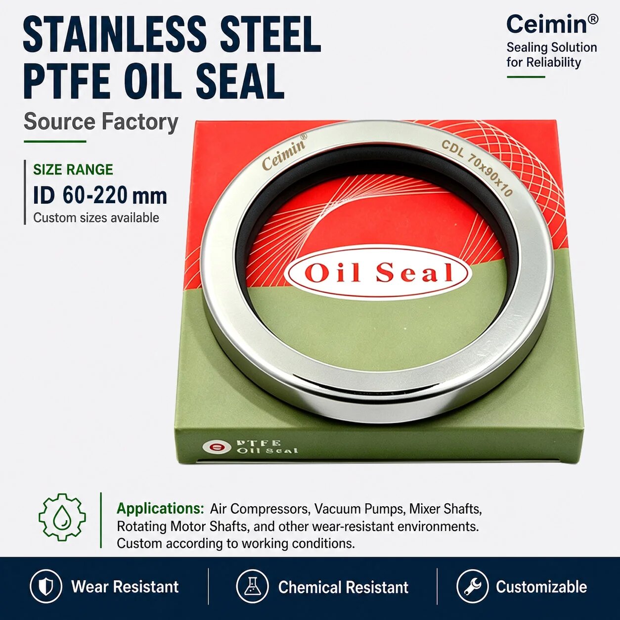 Уплотнение вала компрессора Ceimin CDLBD из PTFE и нержавеющей стали SUS304 85X110X10