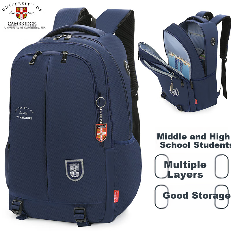 UNIVERSITY OF CAMBRIDGE British Cambridge High School Student Backpack Male Junior High School Student Double Shoulder Bag Large Capacity Reduce Burden High School Student Backpack CA325 Blue