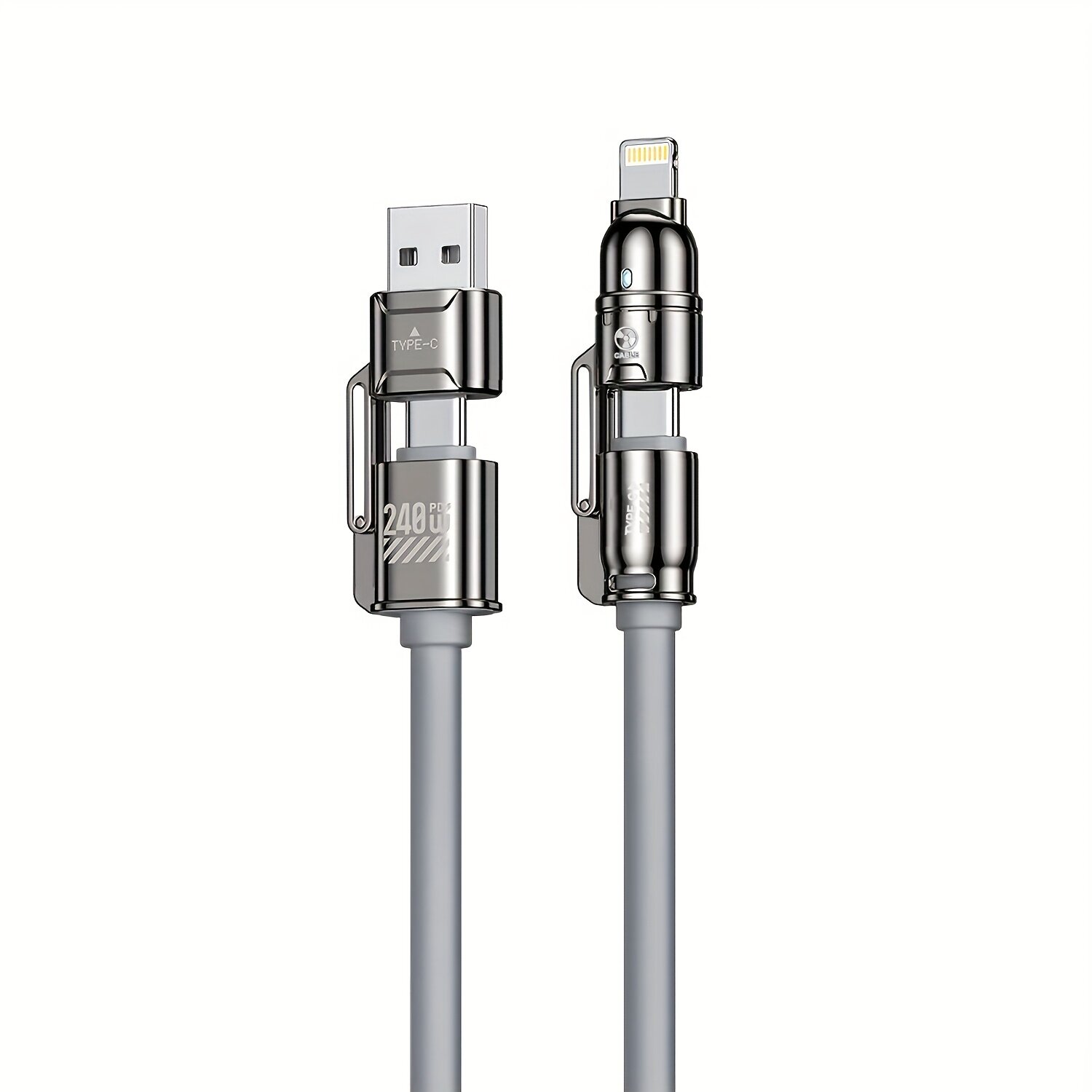 Кабель зарядный 4-в-1 240W, 2м, серый, USB-A/Type-C/Lightning для iPhone 16/15/14/13/12/11 Pro Max, Samsung S25/S24/S23, LG, Moto, Oppo, Vivo, Xiaomi, OnePlus, Redmi