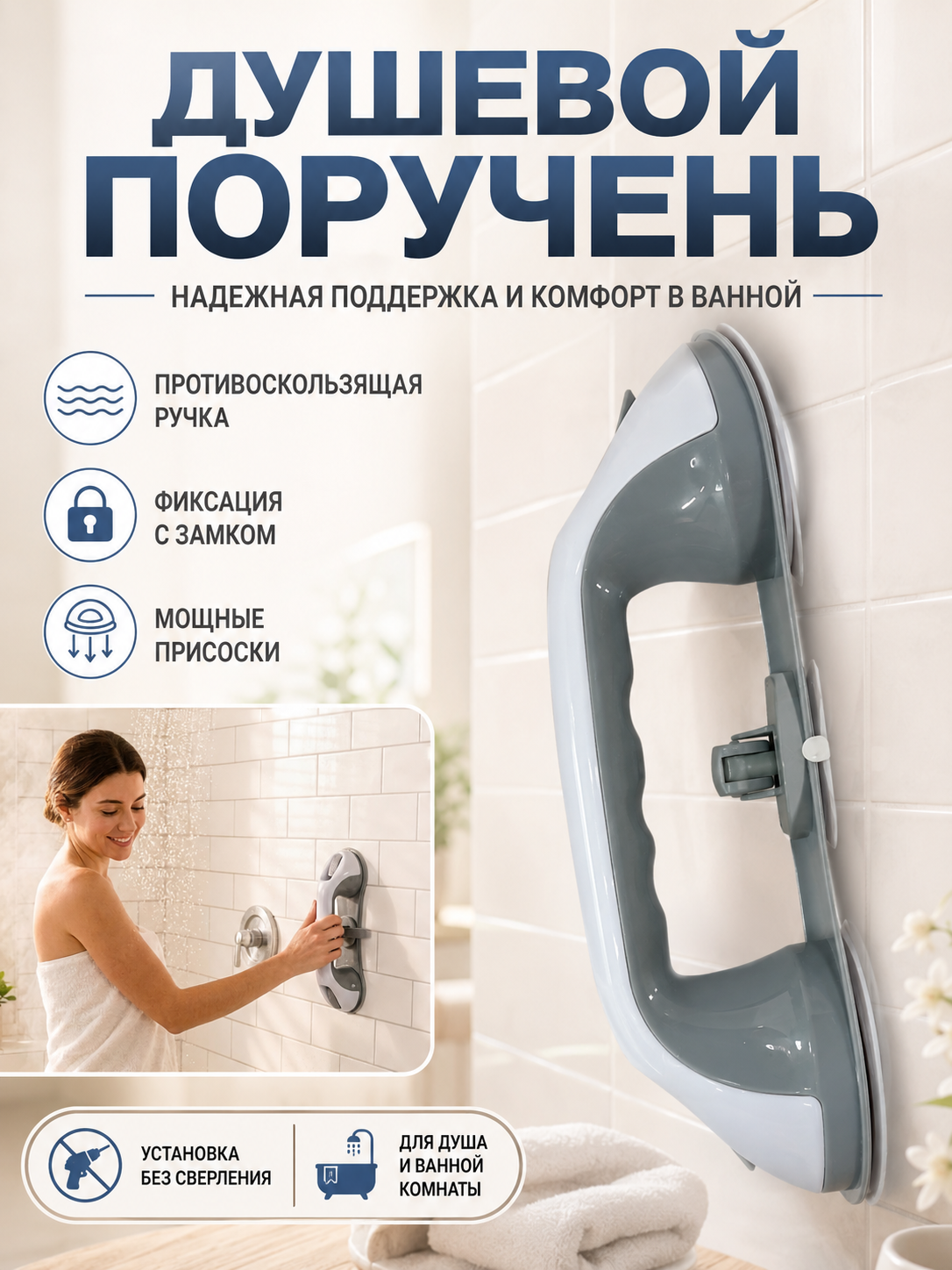 Душевой поручень с мощными вакуумными присосками и замком, противоскользящая ручка, монтаж без сверления для ванны и душа дома