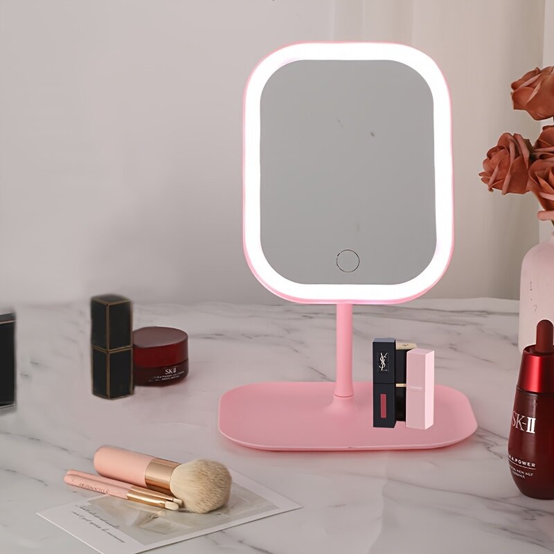 Зеркало для макияжа с LED-подсветкой и отсеком для хранения косметики, 3 режима освещения, регулировка яркости, сенсорное управление, розовый