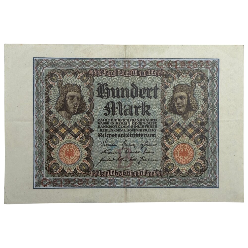 Веймарская республика (Германия) 100 марок 1920 г. (Литера B) (Серия C) (7-значный номер)