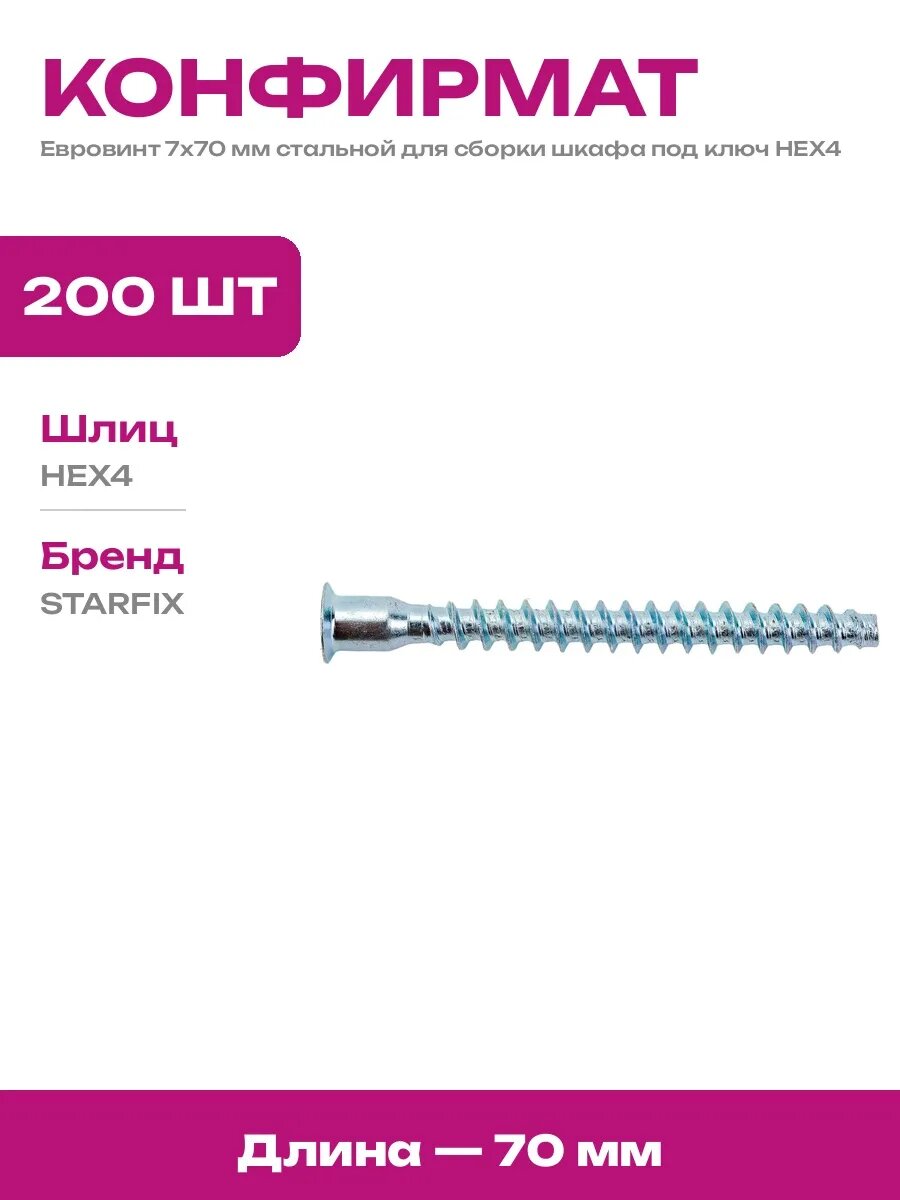 Набор конфирматов 200 штук 7x70 мм евровинт под шестигранник