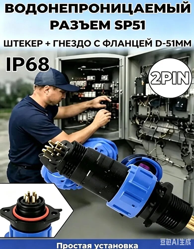 Водонепроницаемый разъем SP21 (7pin) авиационный штекер + врезное гнездо с фланцевым креплением D-21мм, 25А,12-220В, IP68.