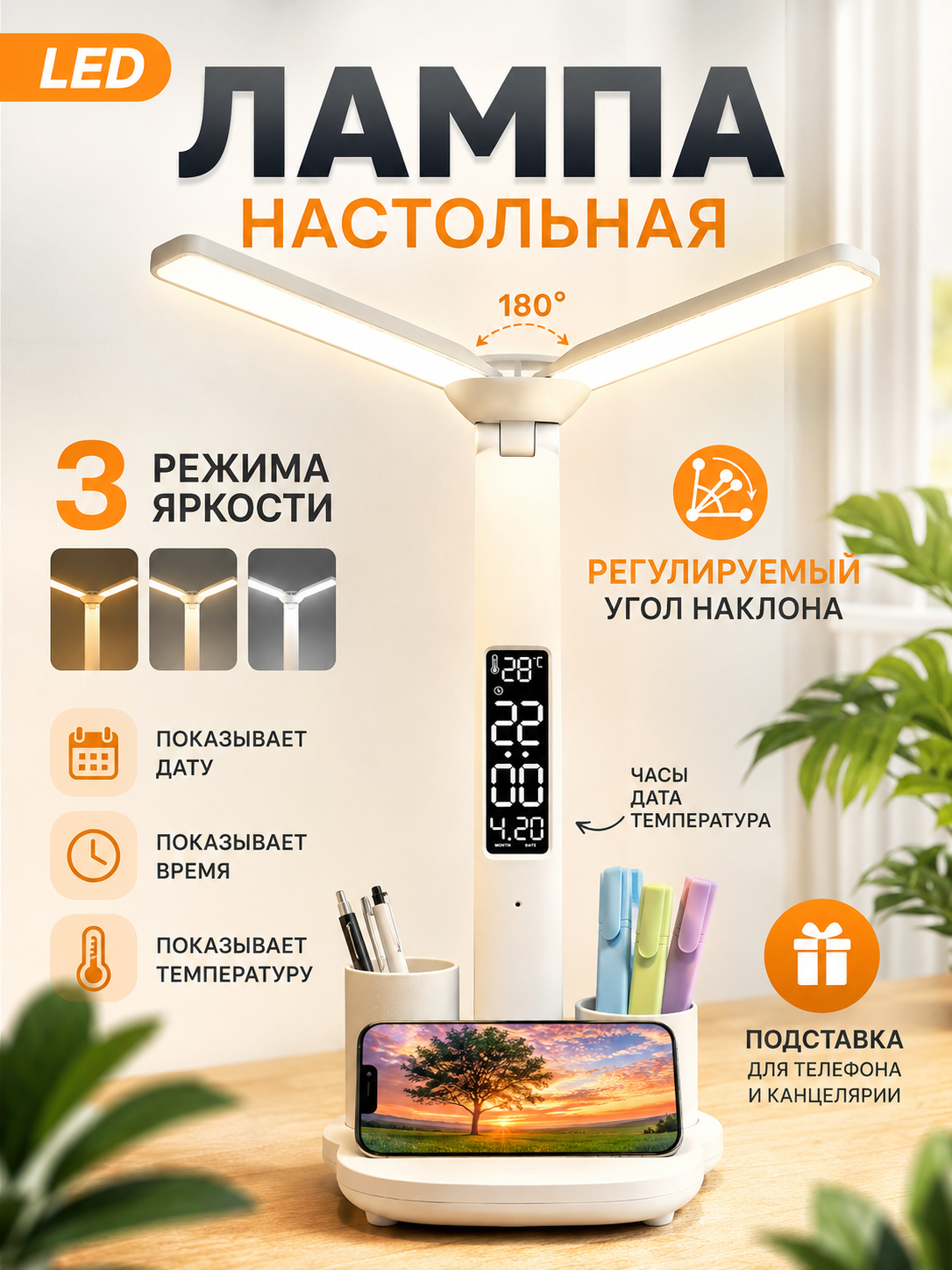 Беспроводная Настольная LED лампа с часами, 3 режима яркости