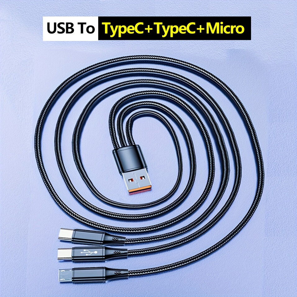 Кабель для зарядки 3-в-1 с разъемами USB, Type-C и Micro USB, 47 дюймов, черный, в нейлоновой оплетке, 66 Вт, поддержка быстрой зарядки и передачи данных, для смартфонов, планшетов, ноутбуков, умных часов, фитнес-трекеров и повербанков