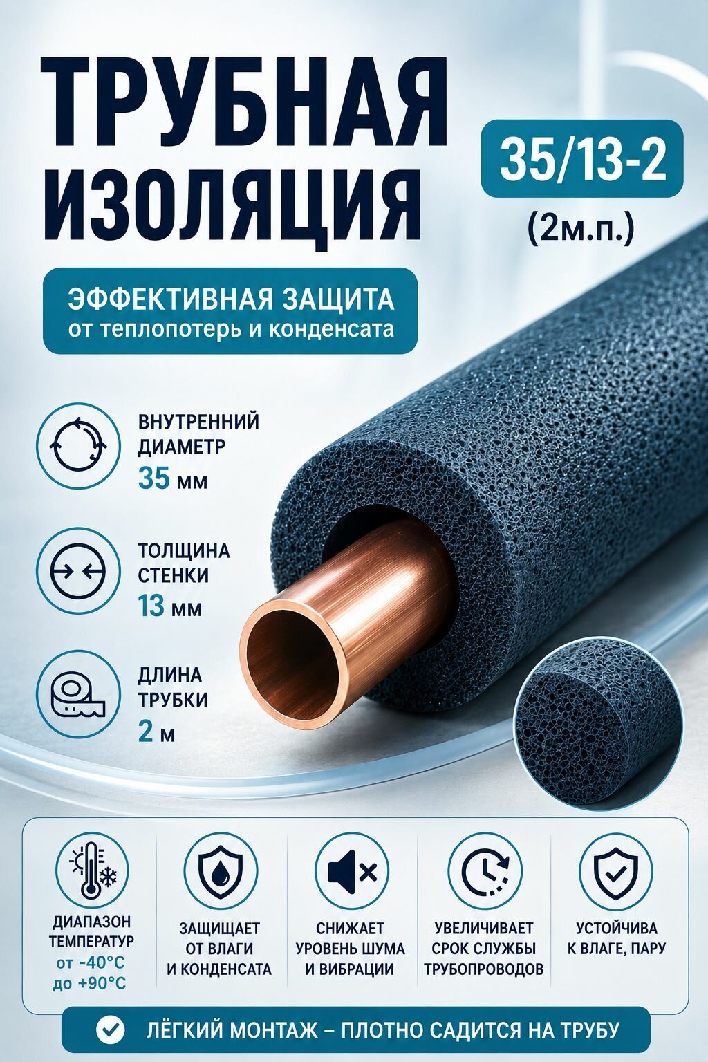 Трубная изоляция из вспененного полиэтилена 35x13 мм, 2 м, серая, для труб отопления, водоснабжения и кондиционирования утеплитель для труб теплоизоляция изоляция для водопровода для кондиционеров