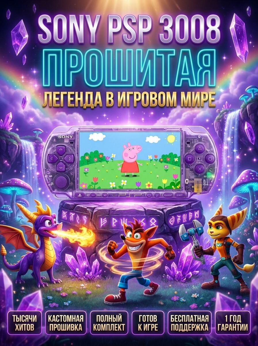 Новая игровая консоль Sony PSP 3008 Slim Прозрачно-фиолетовый 64Gb 3020 ИГР