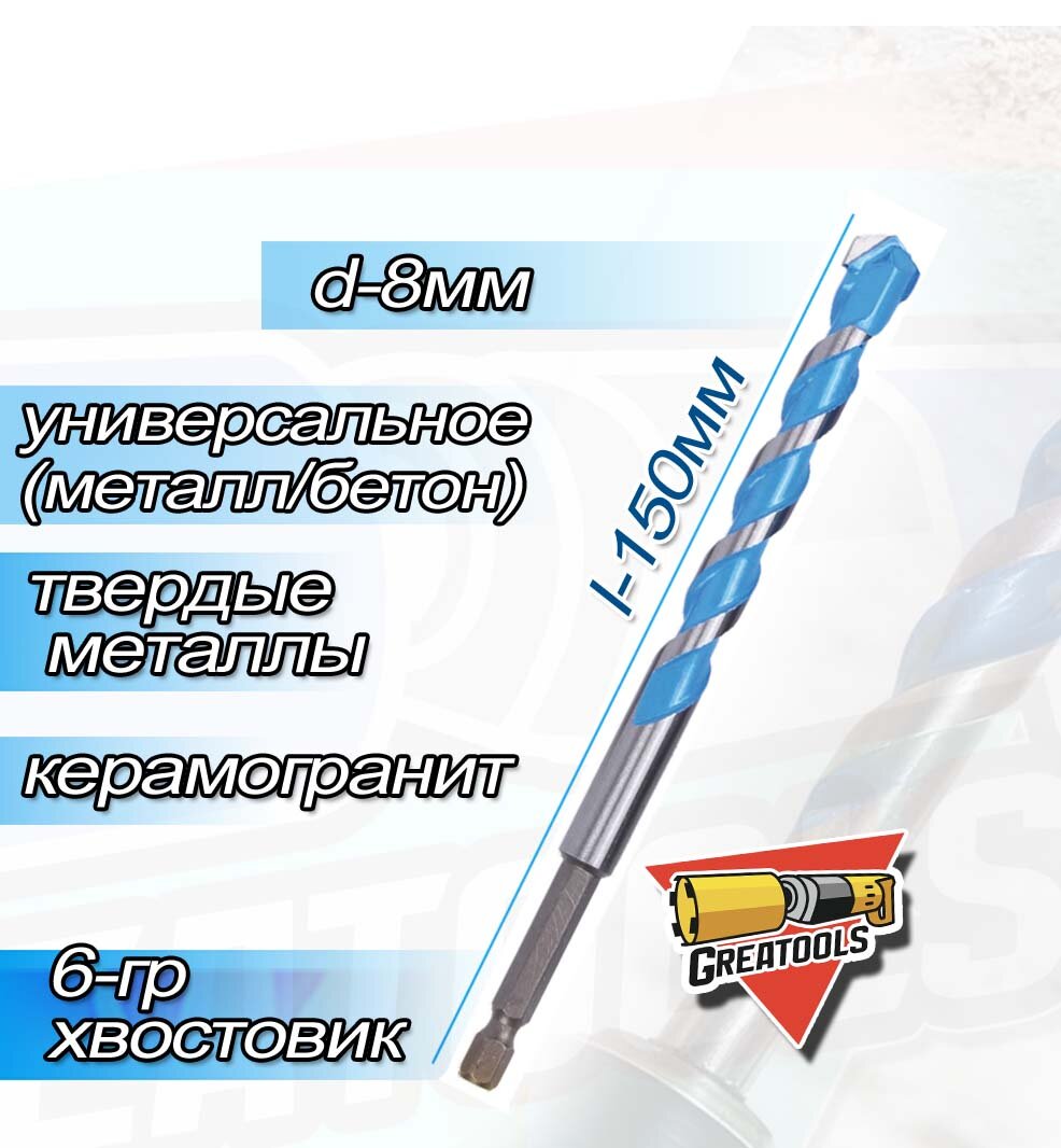 Сверло d-8 мм l-150мм маталл, бетон универсальное Greatools
