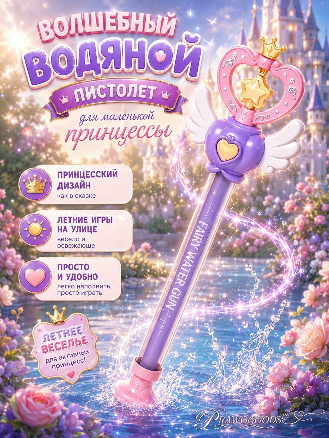 Водный пистолет волшебная палочка / Детский водяной пистолет в виде волшебной палочки, ручная помпа, 4767 см, розовый/фиолетовый