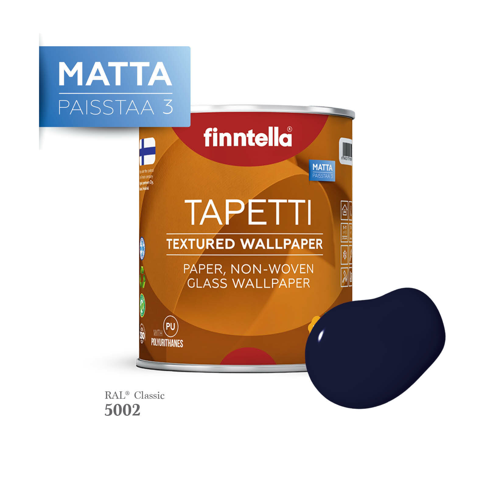 Матовая краска для обоев под окраску TAPETTI Matta FINNTELLA, Цвет RAL 5002 Ультрамарин (Ultramarine blue), 0,9л