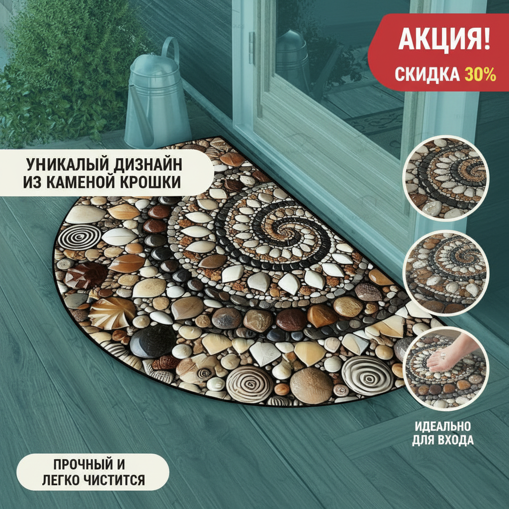 Полукруглый коврик 50x80 см с каменным рисунком полиэстер нескользящий ПВХ слой износостойкий