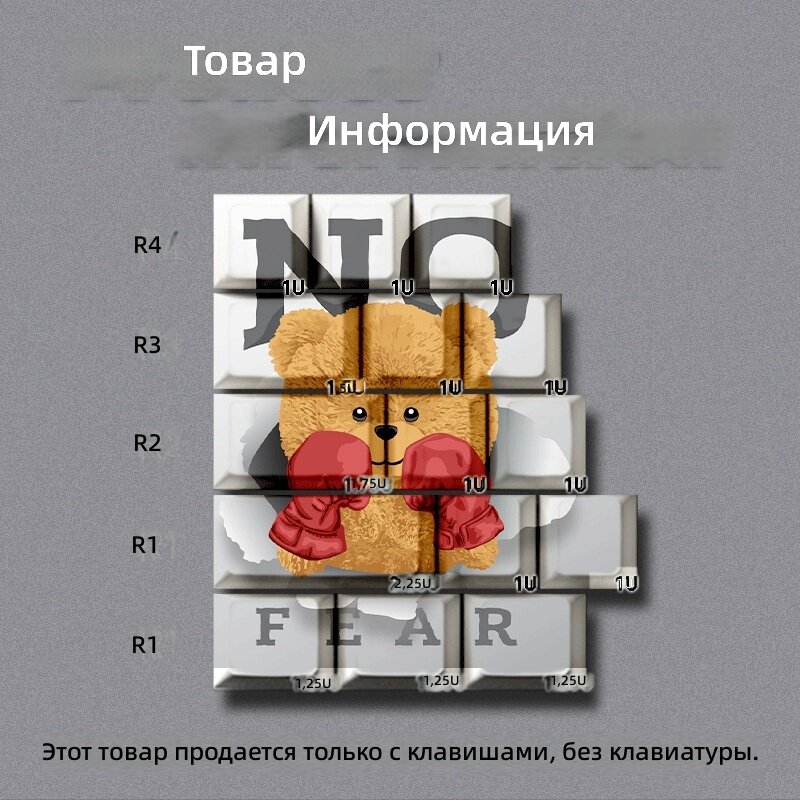 Набор механических клавиш OEM Profile, 15 клавиш, с мишкой в красных боксерских перчатках и фоном "NO FEAR". Пятисторонние PBT, сублимационная печать.
