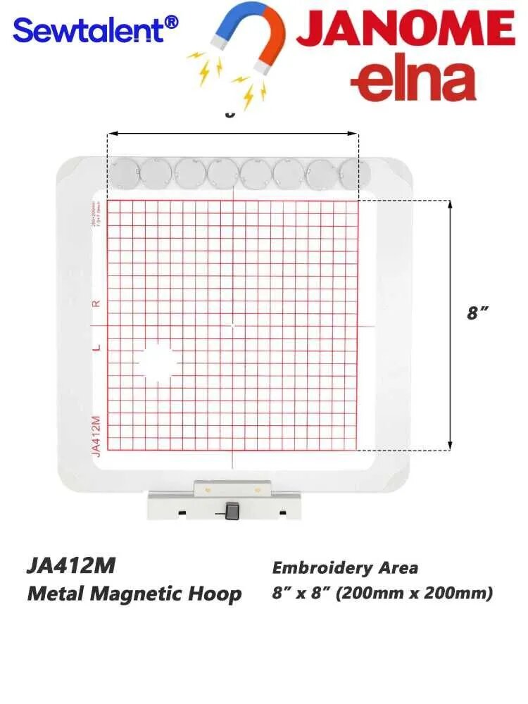 Магнитные пяльцы Janome Elna JA412M 7,9x7,9 дюймов 200x200 мм, подходят для швейно-вышивальной машины Janome MC500E 400E 550E и т. д. Вышивальная машина Elna Expressive 830 830L