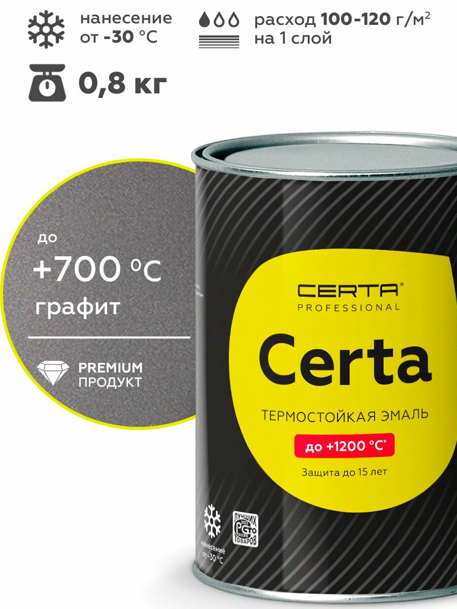 Краска CERTA термостойкая до 700 градусов, антикоррозионная, для печей, мангалов, радиаторов, матовое покрытие, графит, 0.8кг