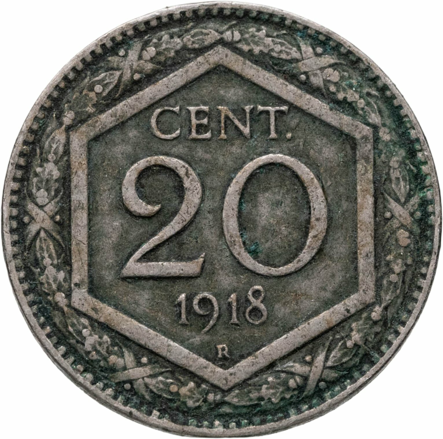 Италия 20 чентезимо centesimi 1918, Мельхиор медь-никель, в сохранности VF