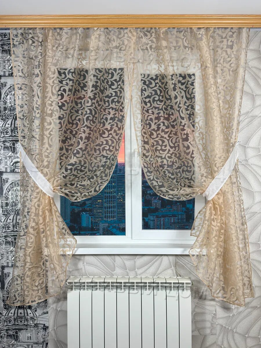 Штора "Красивый Дом 46", тюль арка, бежевый, 270x180 см, с подхватом