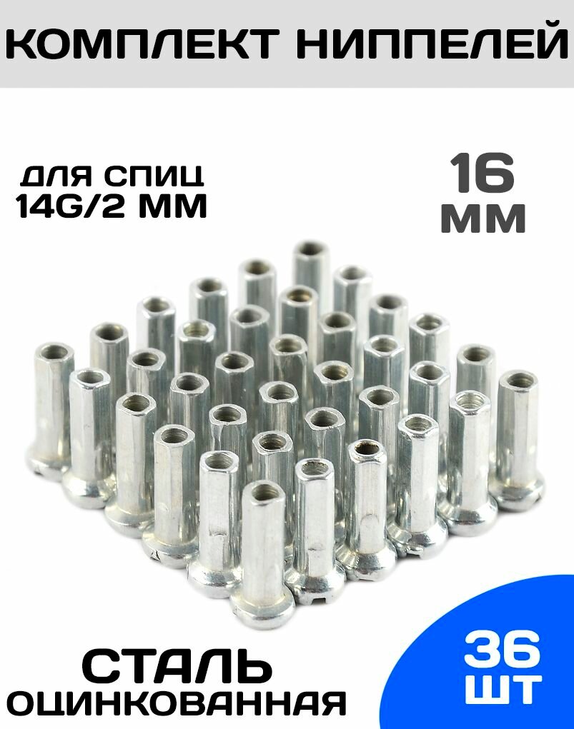 Комплект ниппелей (36шт) Spoke, длина 16мм, толщина 14G (2мм), сталь, цвет серебристый велосипедные спицы 16мм 14G