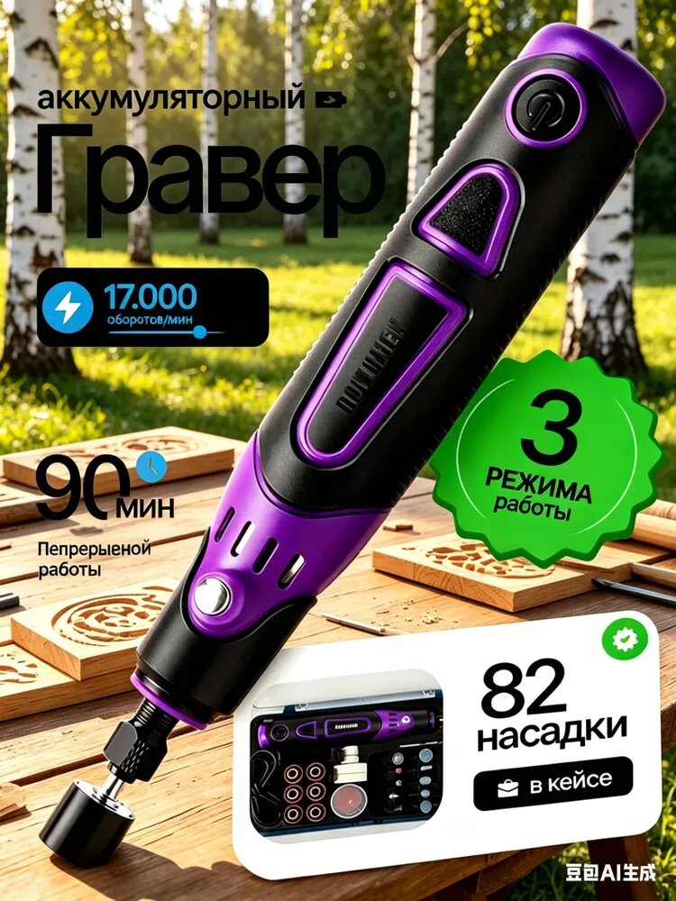Аккумуляторный гравер с насадками 82 шт. в кейсе, 17000 об/мин