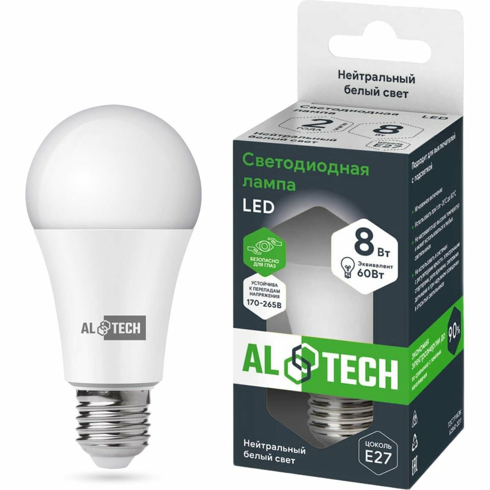 Лампочка светодиодная ALTECH LED Р60-8W-840-E27 8Вт груша нейтральный белый свет 4673758070197