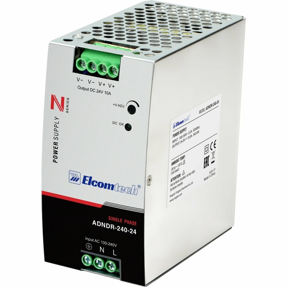 Блок питания на DIN рейку ELCOMTECH AC/DC 240W вход 100-240V, выход 24V 10A ADNDR-240-24 УТ-00035160