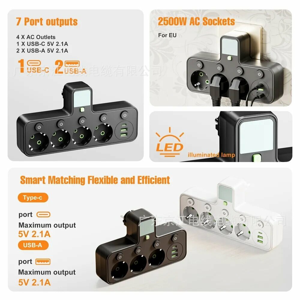Сетевой фильтр тройник 3 розетки 2 usb + 1 type c фонарем