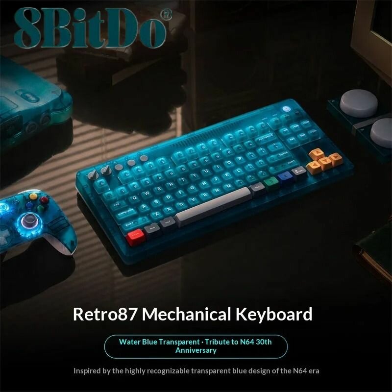 8BitDo Retro87 Механическая клавиатура, синяя прозрачная цветовая гамма, трехрежимное подключение