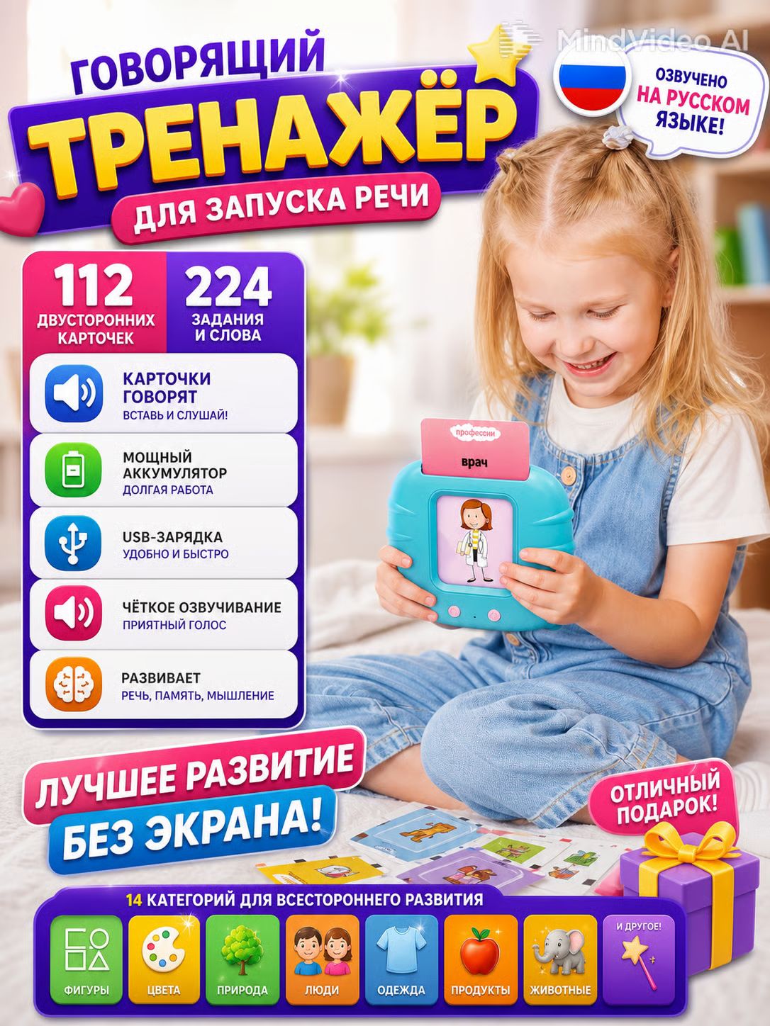 Планшет детский развивающий с карточками, Русский язык, 112 учебных карточек, подарочный набор на годик мальчику девочке