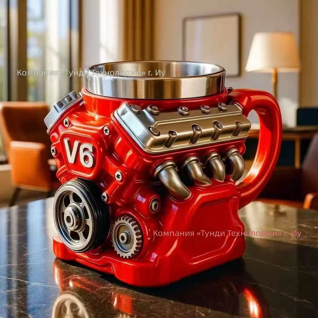 Кружка-двигатель V8 и V6, смола, Кружка для двигателя Red V6 (13.5*14.5*15)