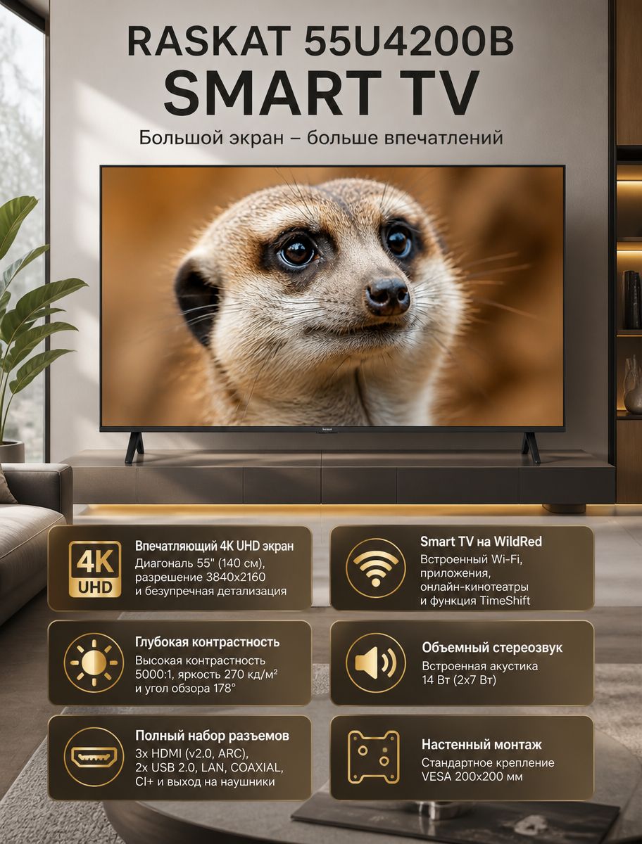 Телевизор RASKAT 55U4200B 55" (140 см) 4K Ultra HD, Smart TV WildRed, Wi-Fi