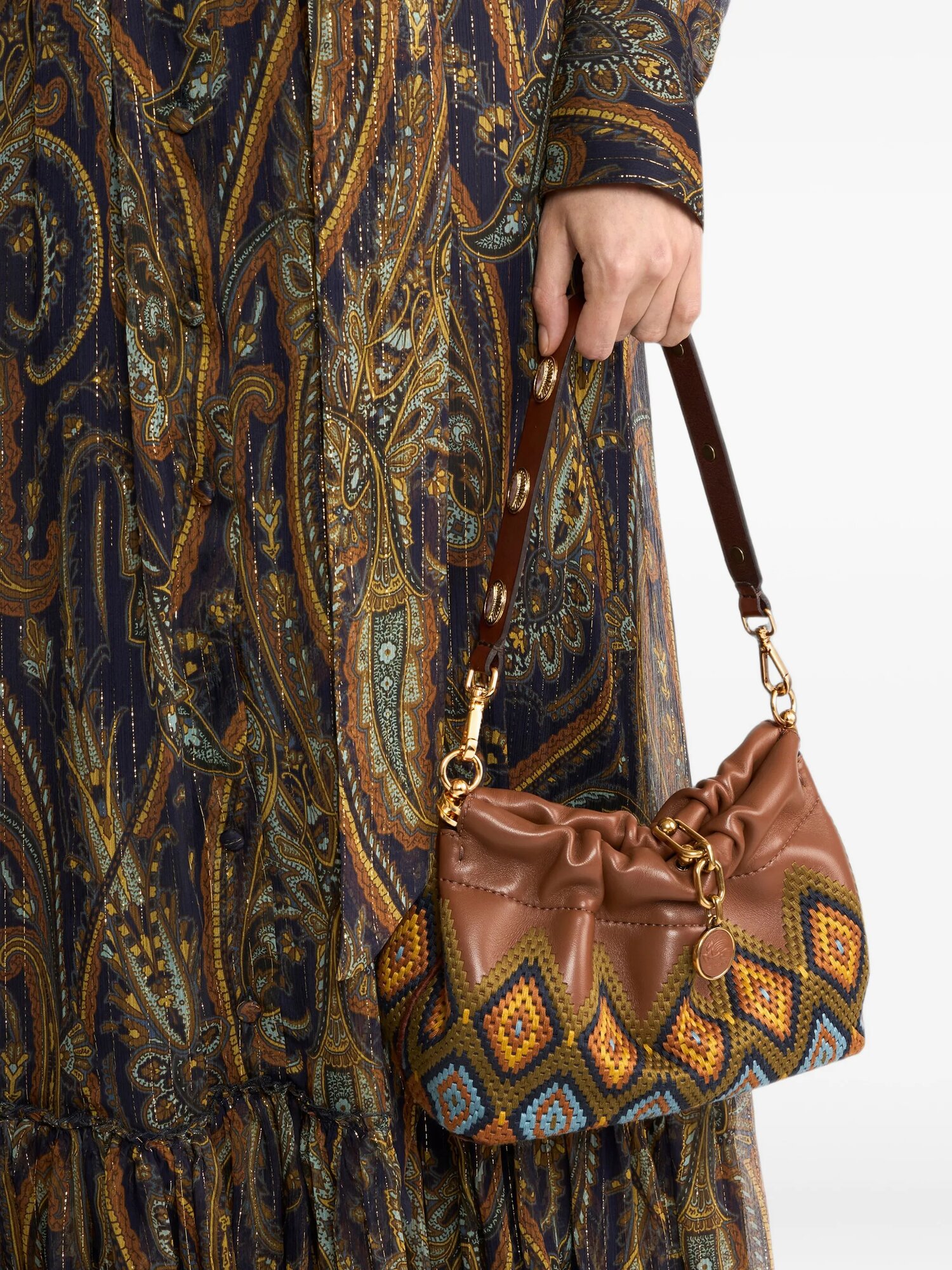 Сумка ETRO Leather bag handle with oval-shaped studs, коричневый — фото 1