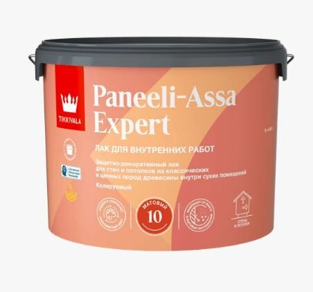 Лак Tikkurila PANEELI-ASSA EXPERT, 0,9л, полуматовый, для стен и потолков, бесцветный, для внутренних работ, База EP (Tikkivala)