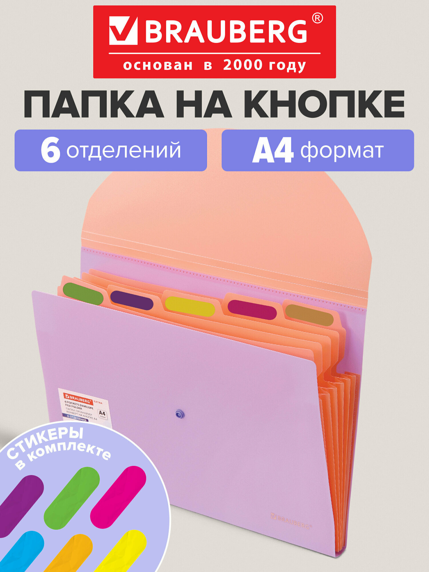 Папка для документов А4 канцелярская на кнопке, органайзер конверт для бумаг 6 отделений, Brauberg Extra, 274101