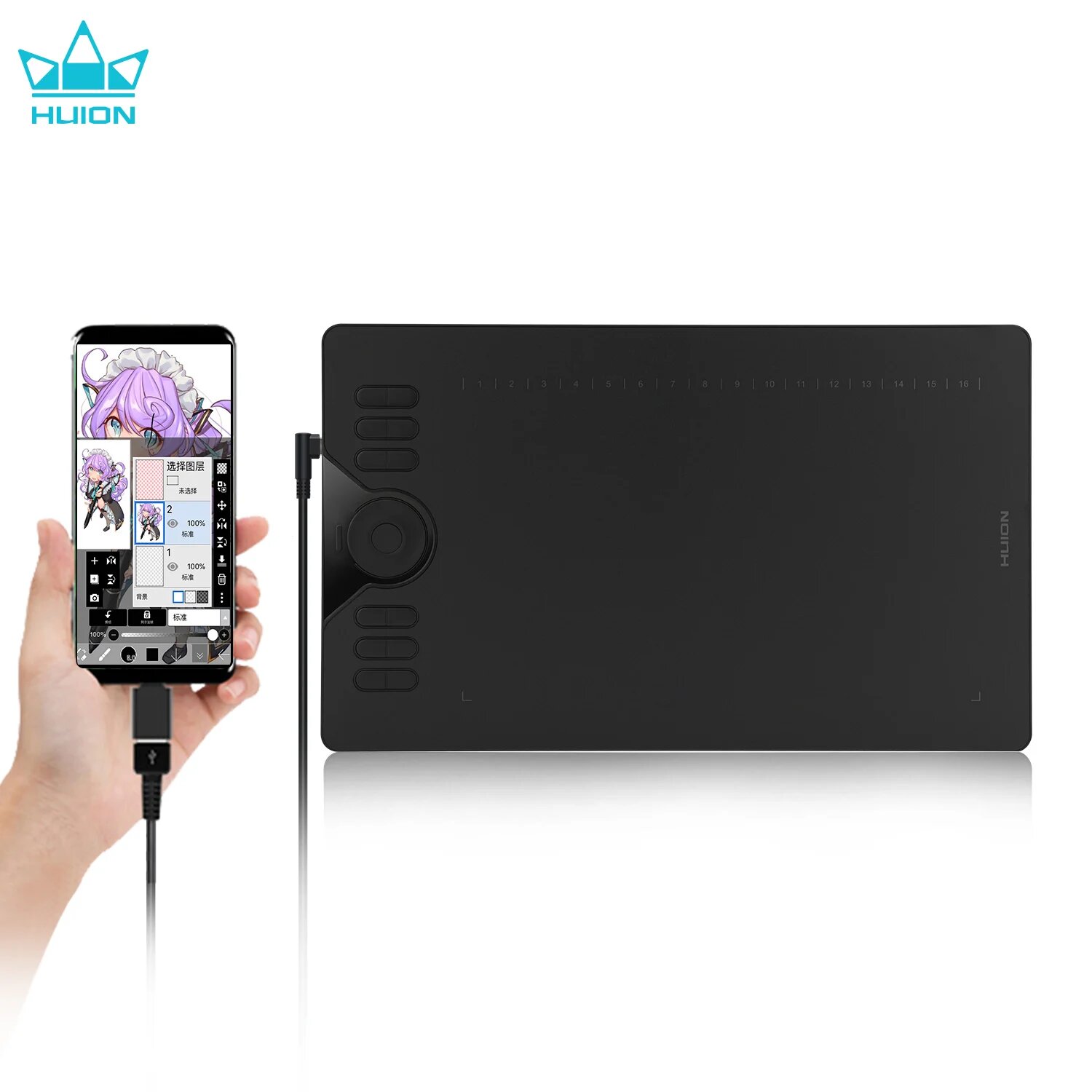 Графический планшет Huion HS610 10x6 дюймов со стилусом без батареи, 12 экспресс-клавиш, совместимых с телефоном Android, ПК с Windows MacOS