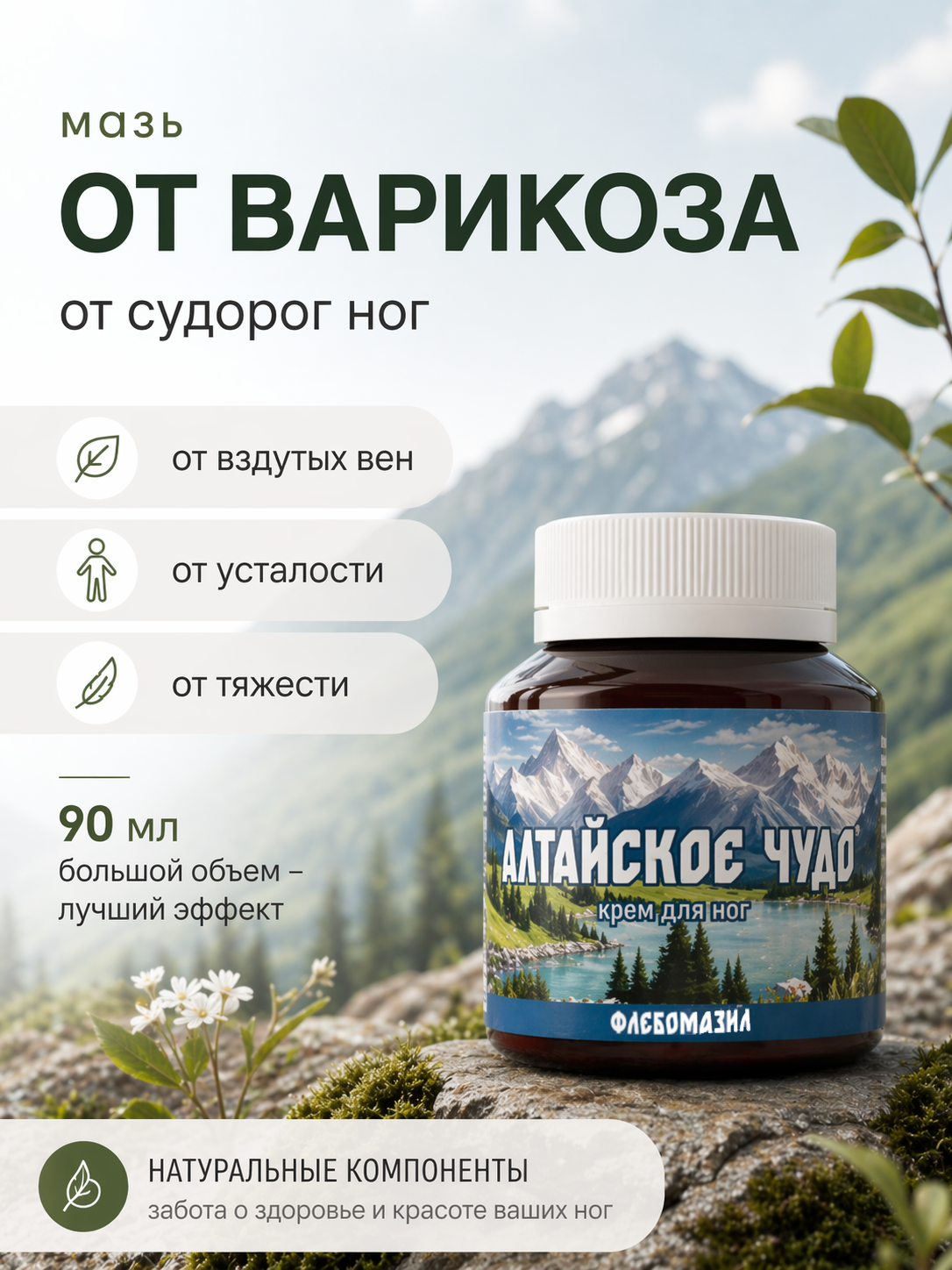 Мазь Алтайское чудо "Флебомазил" от варикоза охлаждающая с ментолом, крем от тяжести и боли в ногах. 90мл / лучикс
